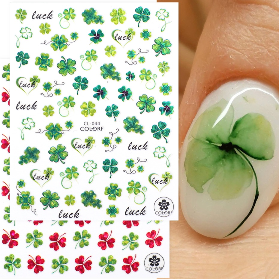 New Nail Stickers Sliders Green Shamrock Flowers Clover Ginkgo Sping ...
