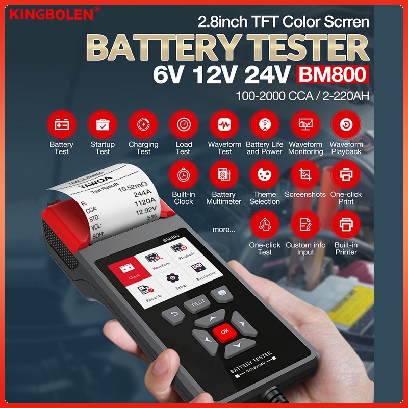 BM800 Car Battery Tester with Printer 6V 12V 24V Color Screen Battery ...