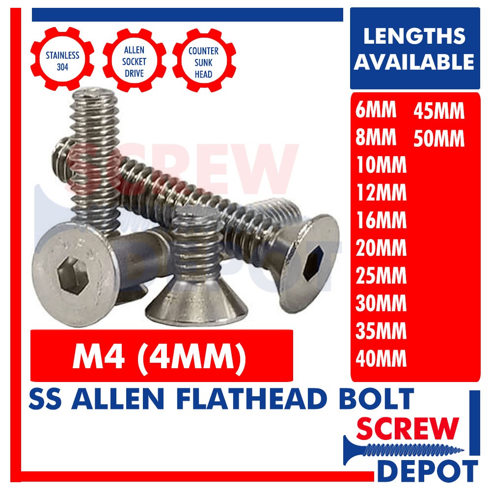10PCS M4 ( 4MM ) SS Allen Flat / Socket Flathead / Stainless ...