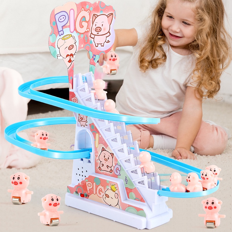 Piggy Climbing Stairs Pigy Up Roller Coaster Slide Track Toys Electric ...