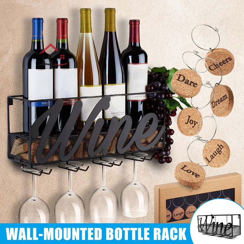 HYP Wall Mounted Wine Rack Bottle Glass Holder Cork Storage Store Red ...