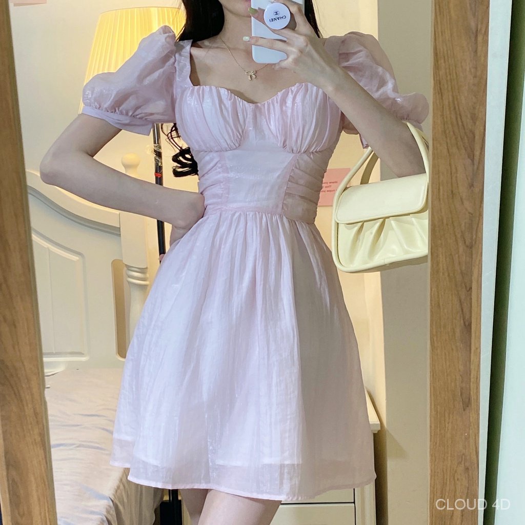 Korean Pink Girl's Bubble Sleeve Dress Waist Slimming Hollow Square ...