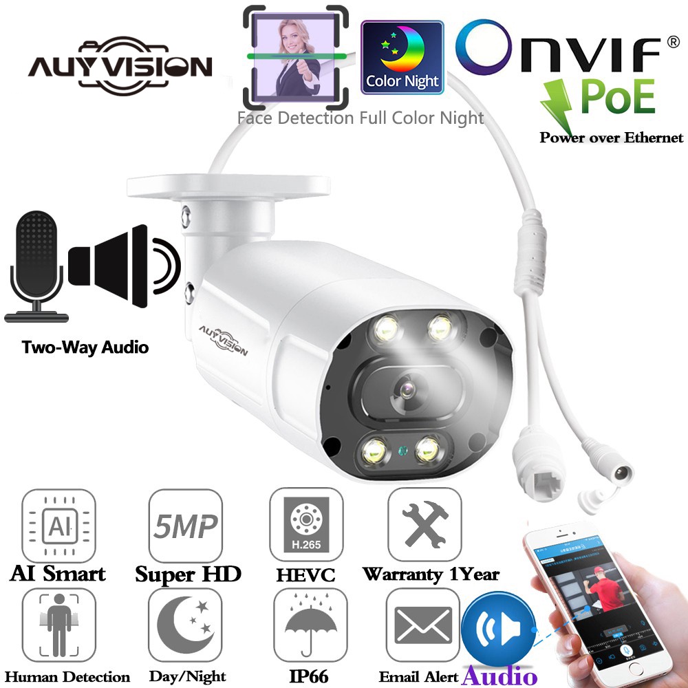 H.265 5MP 8MP IP Camera PoE With Mic Speaker Two -Way Audio Color night ...