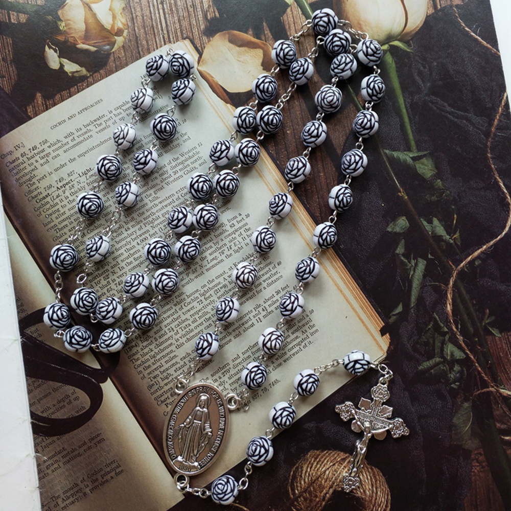 White Black Rose Beads Chain Prayer Chaplet Rosary Necklace Crucifix ...