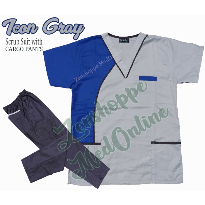 Tri-Color Scrub Suit Set with 6-Pocket Cargo Pants (Icon Gray) [SCRUB ...
