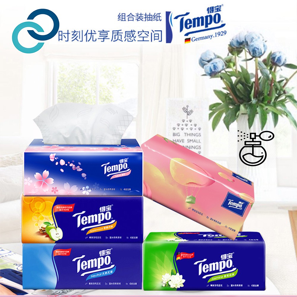 Tempo Facial Tissue 4 ply Peach/ Applewood/ Sakura/ Jasmine/ Neutral 90 ...