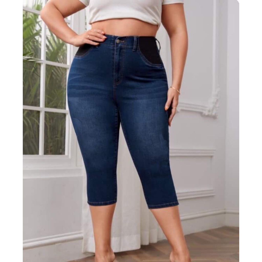 Plussize Highwaist August Tokong Denim Maong Strechable Darkblue Capri Pedal Pants Big size (30 ...