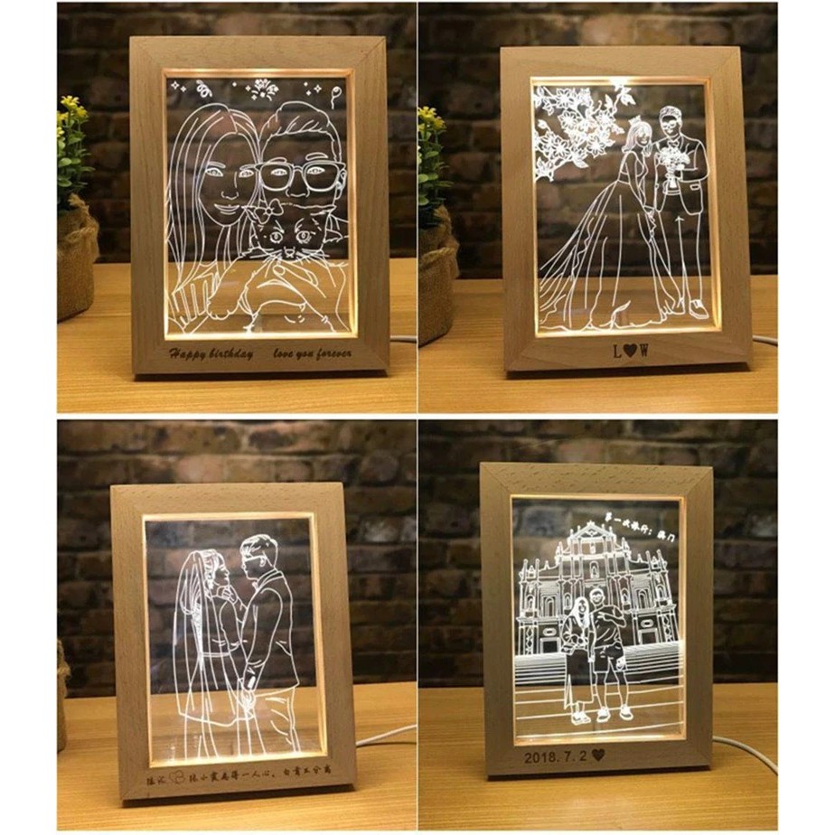 Customized Picture Portrait LED Lamp Wooden Frame Single Warm Light USB ...