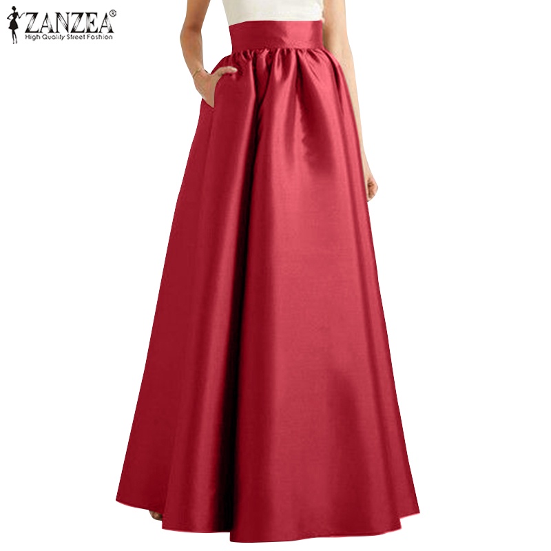 ZANZEA Women Fashion Solid Satin Slip Pockets High Waist A Swing Skirt ...