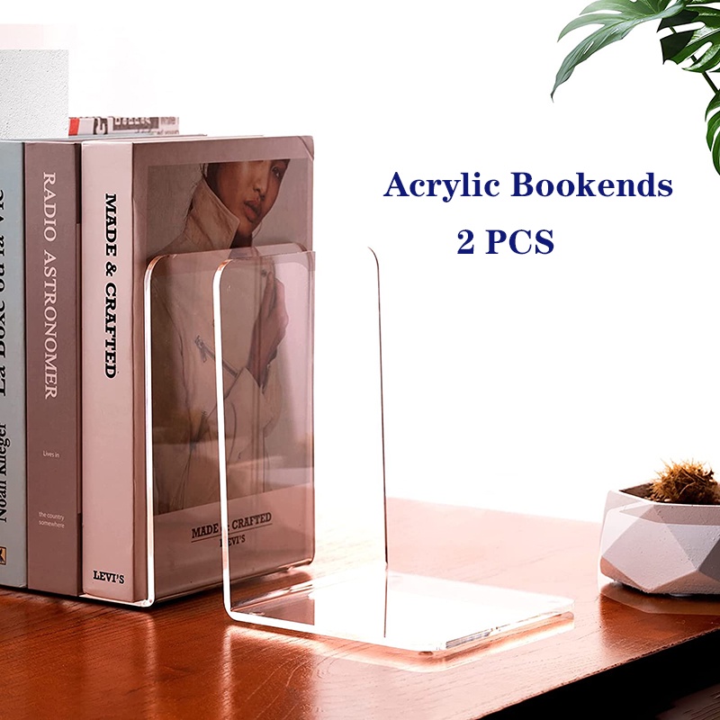 2PCS Bookends Acrylic Non-Slip Bookend L-Shaped Clear Book Stand ...