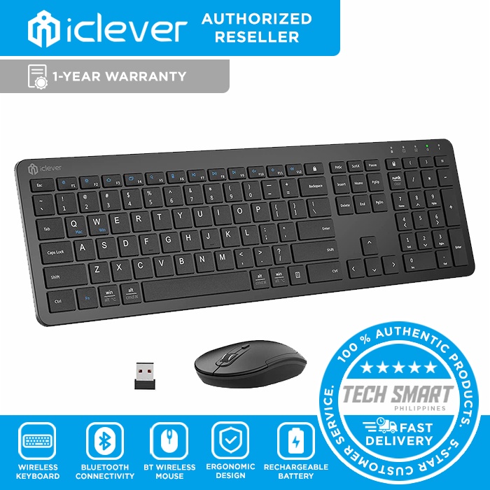iClever GK08 Wireless Keyboard and Mouse - Rechargeable Wireless Keyboard Ergonomic Full Size ...