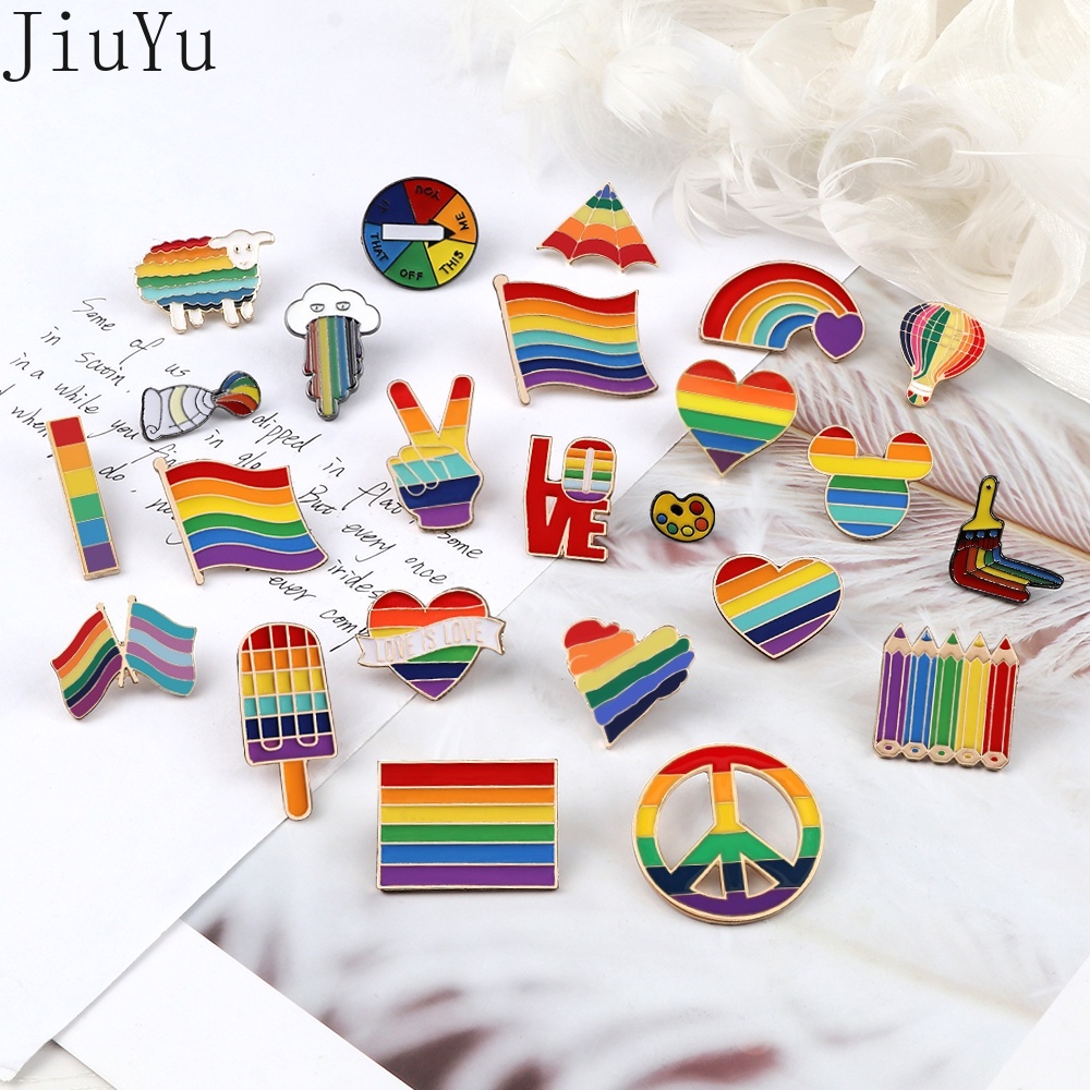 LGBT Art Rainbow Enamel Pins Flag Love Heart Brooches Bag Shirt Lapel Pin Rainbow Clouds YES ...