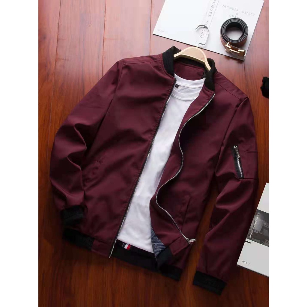 MEN'S SOLID ZIP BOMBER JACKET | Shopee Philippines