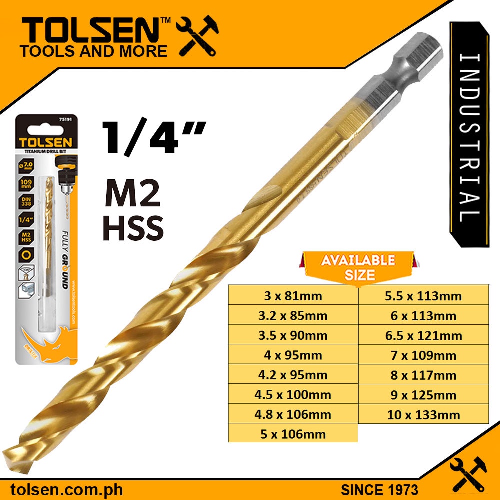 Tolsen Titanium Drill Bit w/ Hex Shank (3mm to 10mm) For Stainless ...