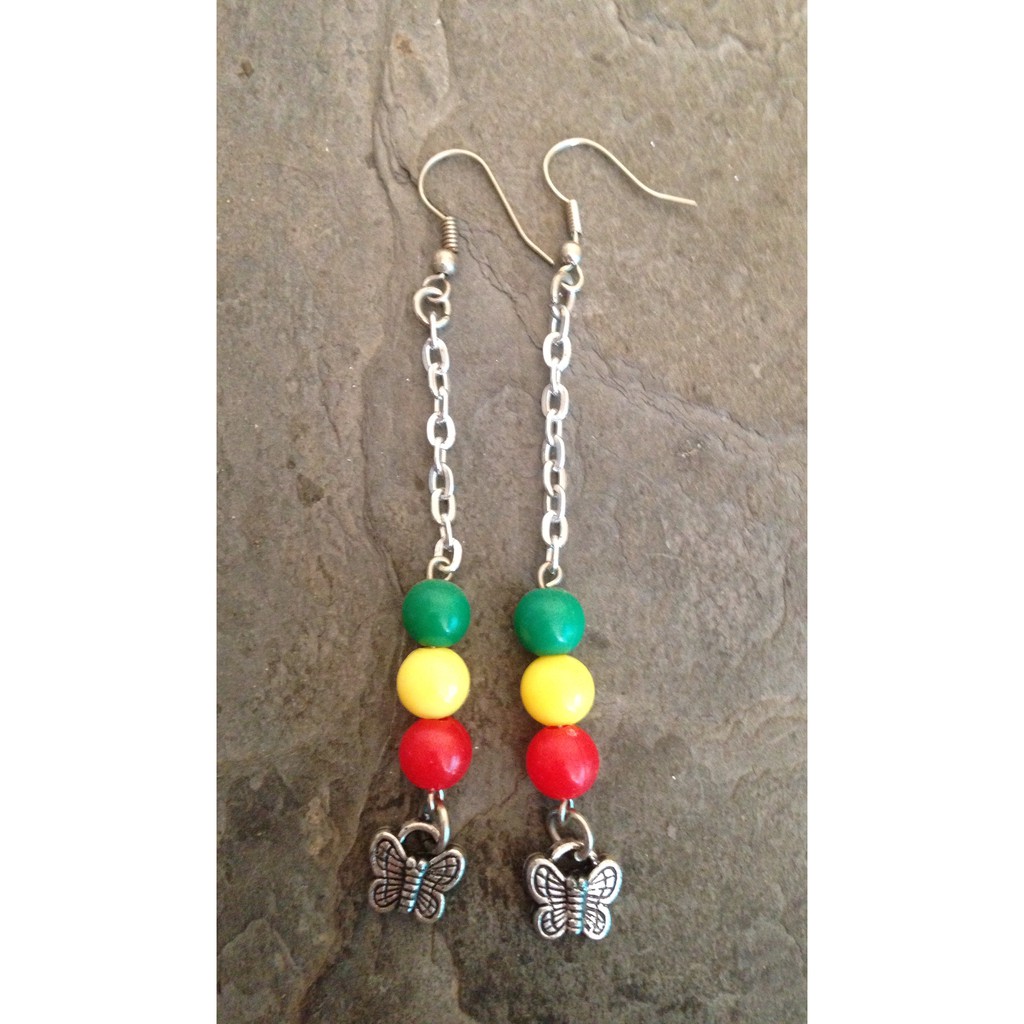 Butterfly Reggae Three Color Bead Long Chain Rasta Jewelry Earrings ...