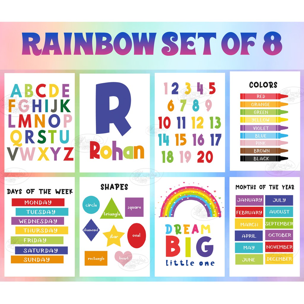 Kids Educational Wall Chart (Rainbow Set) Alphabet, Name, Shapes, Days ...