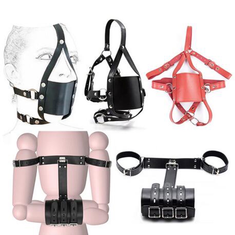 Leather Bondage Handcuffs Bdsm Armbinder Restraints Head Harness Fetish