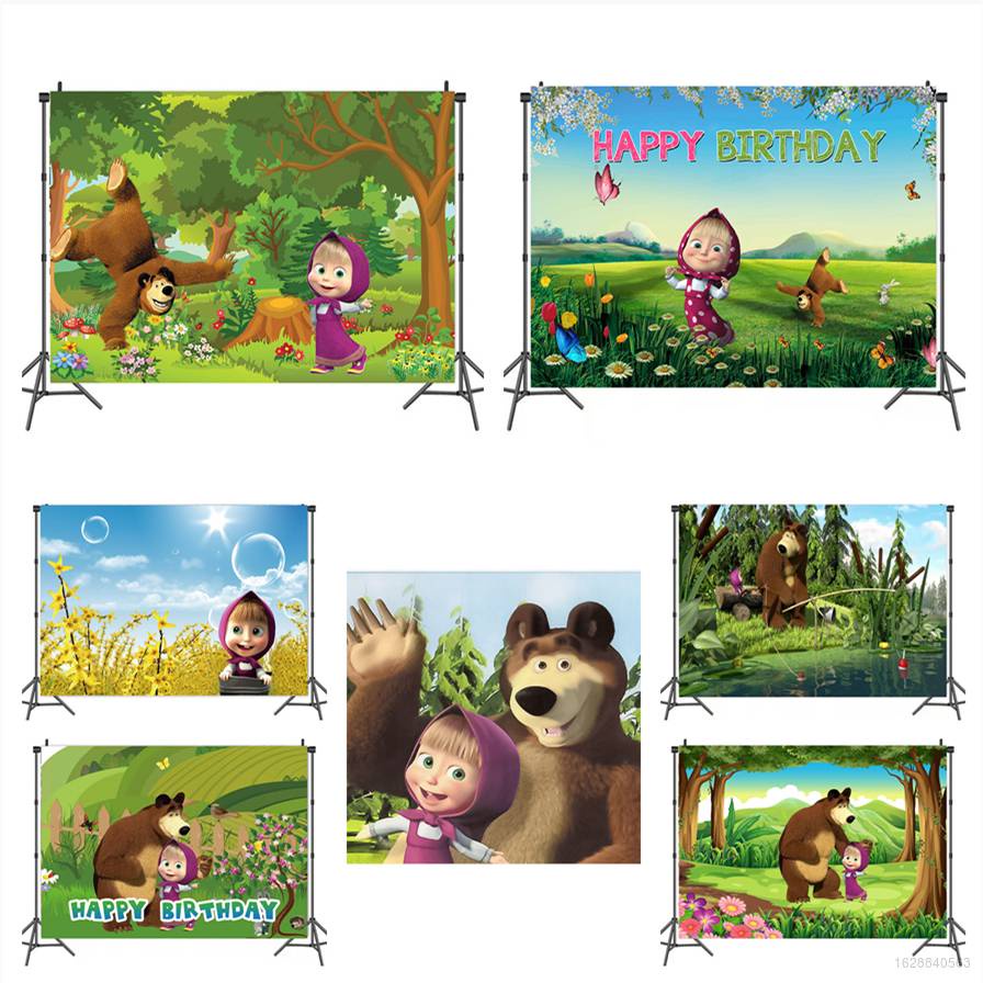 Masha And The Bear Theme Cartoon Photography Background Cloth Party ...