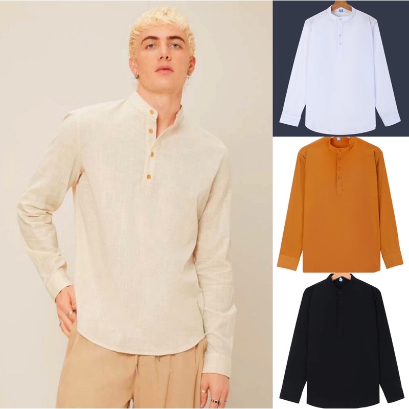 Long Sleeve Polo Chinese Collar Half Button For Men | Shopee Philippines