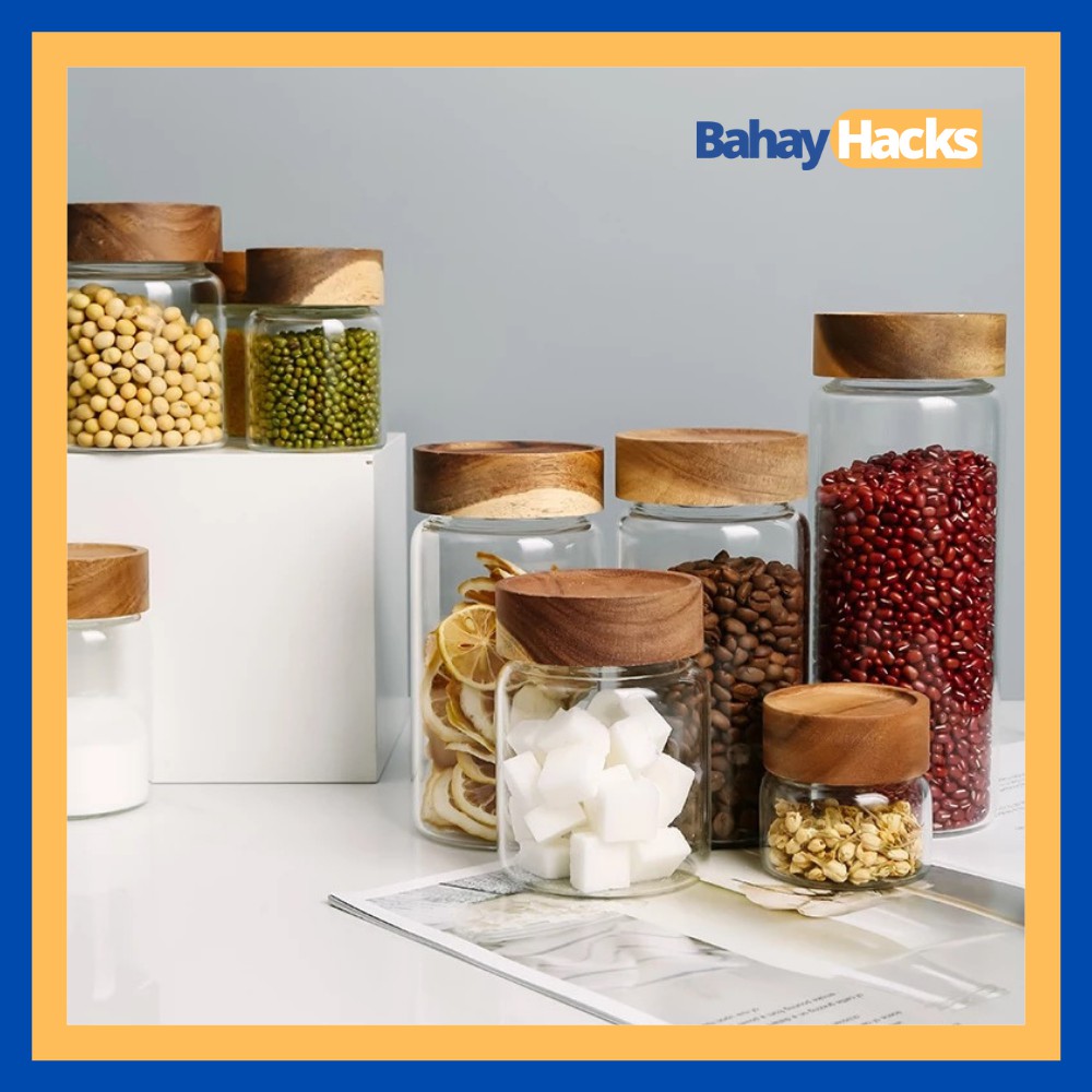 BAHAYHACKS Acacia Wood Storage Jar Lid in Screw Cap Airtight Glass Jar ...