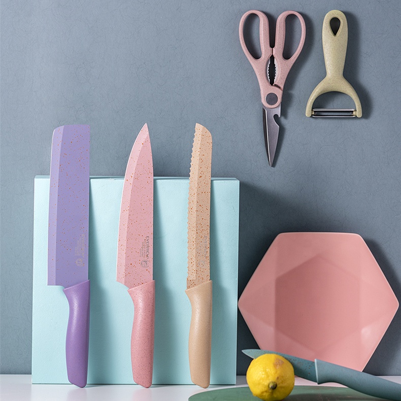Knife Set 6 PCS Pastel Colors Stainless Steel Chef Knife Bread Knife ...