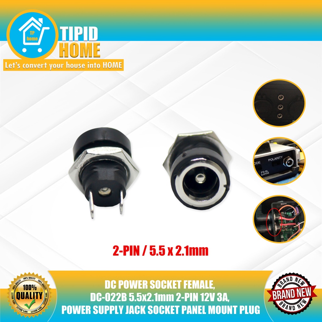 DC POWER SOCKET FEMALE, DC-022B 5.5x2.1mm 2-PIN 12V 3A, POWER SUPPLY ...