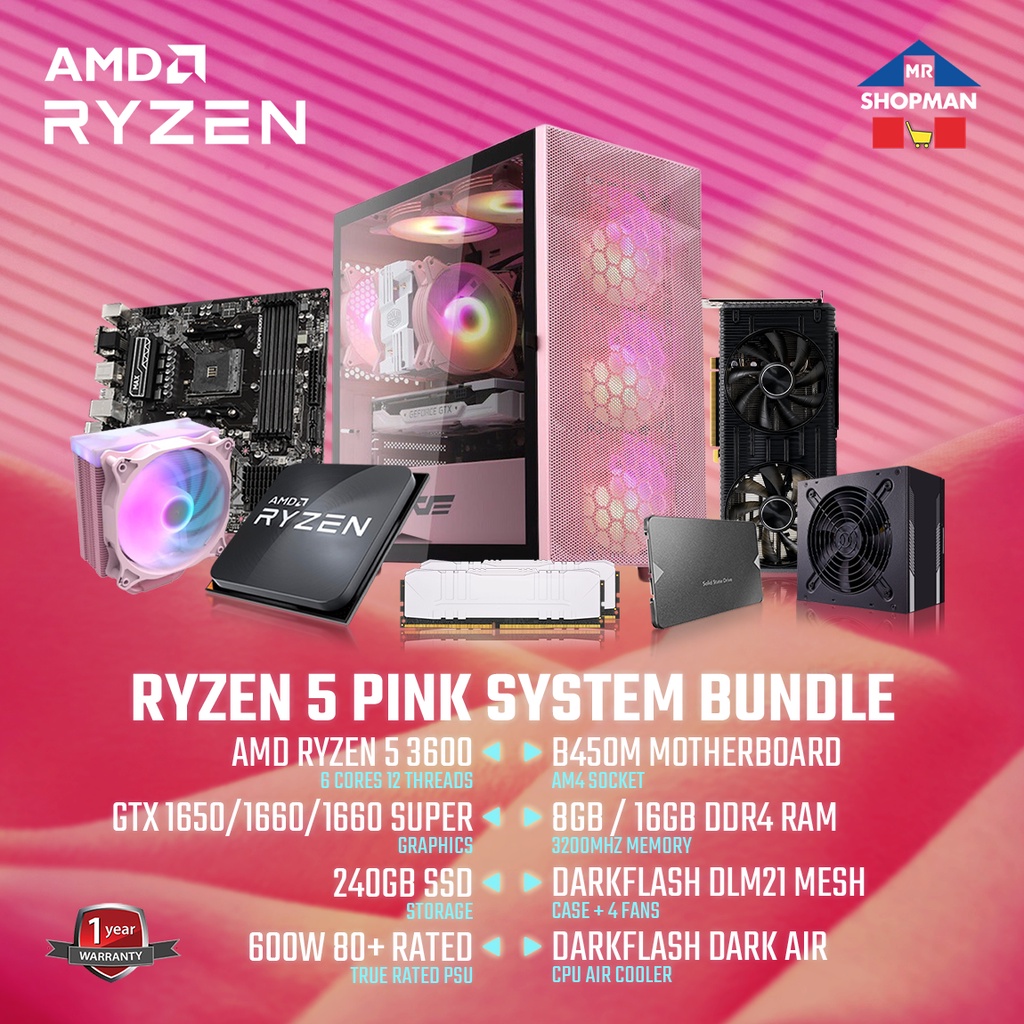 AMD Ryzen 5 3600 w/ GTX 1650 / 1660 / 1660 Super GPU Pink PC Build ...