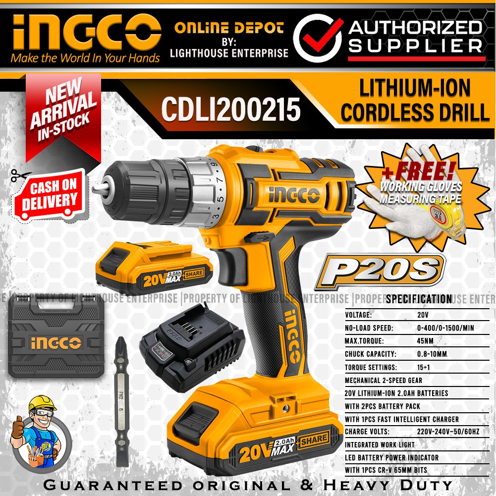 INGCO 20V Lithium-Ion Cordless Drill (CDLI200215) w/FREE Gloves + 3M Meter *LIGHTHOUSE ...
