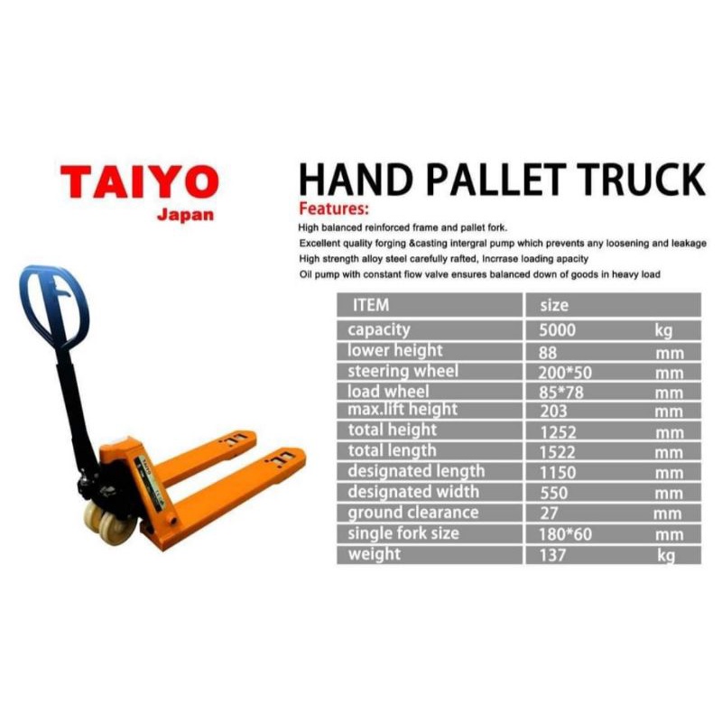 HEAVY DUTY HYDRAULIC PALLET TRUCK HAND PALLET 5 TONS TAIYO JAPAN ...