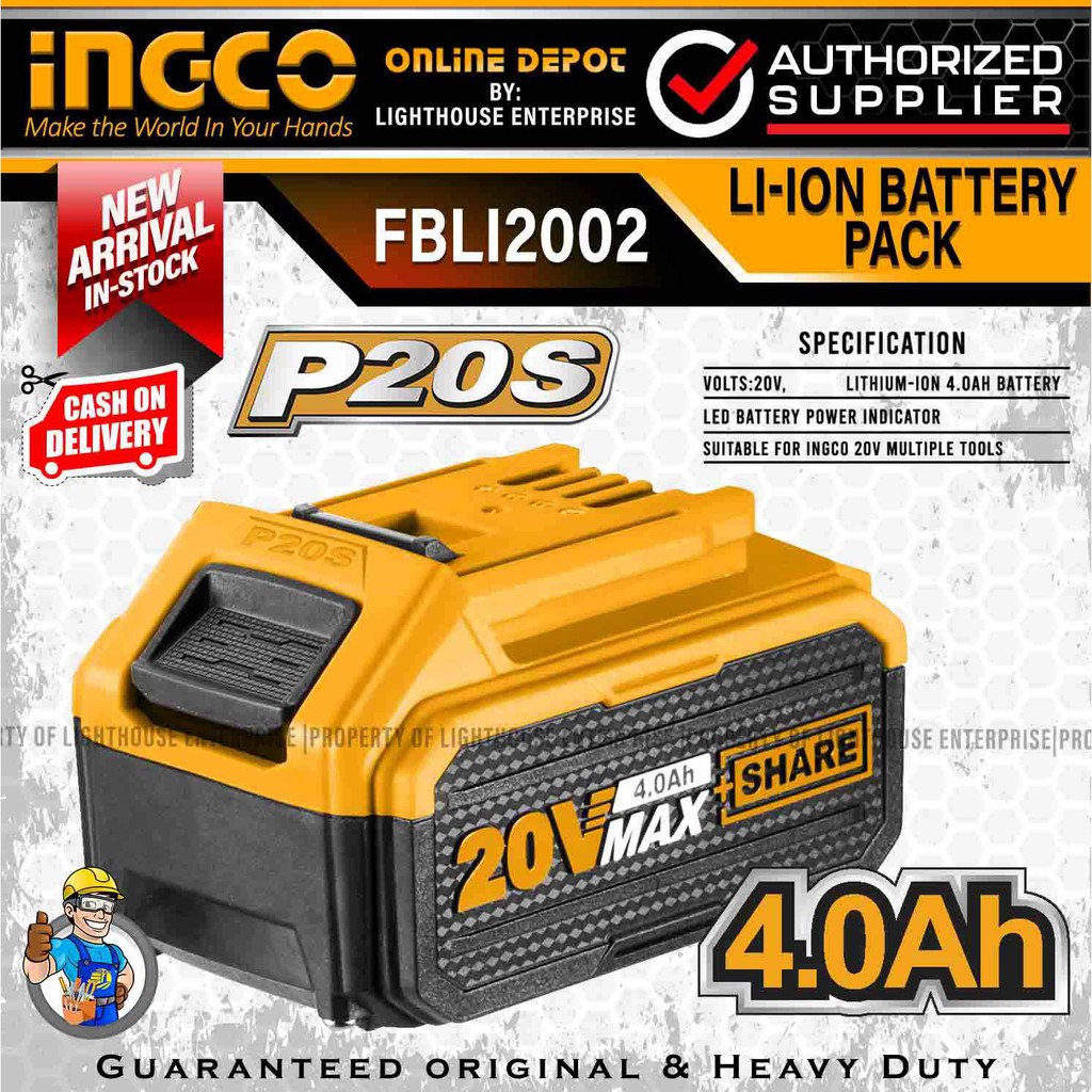 INGCO 20V Lithium-Ion 4.0Ah Battery Pack (FBLI2002) *LIGHTHOUSE ...