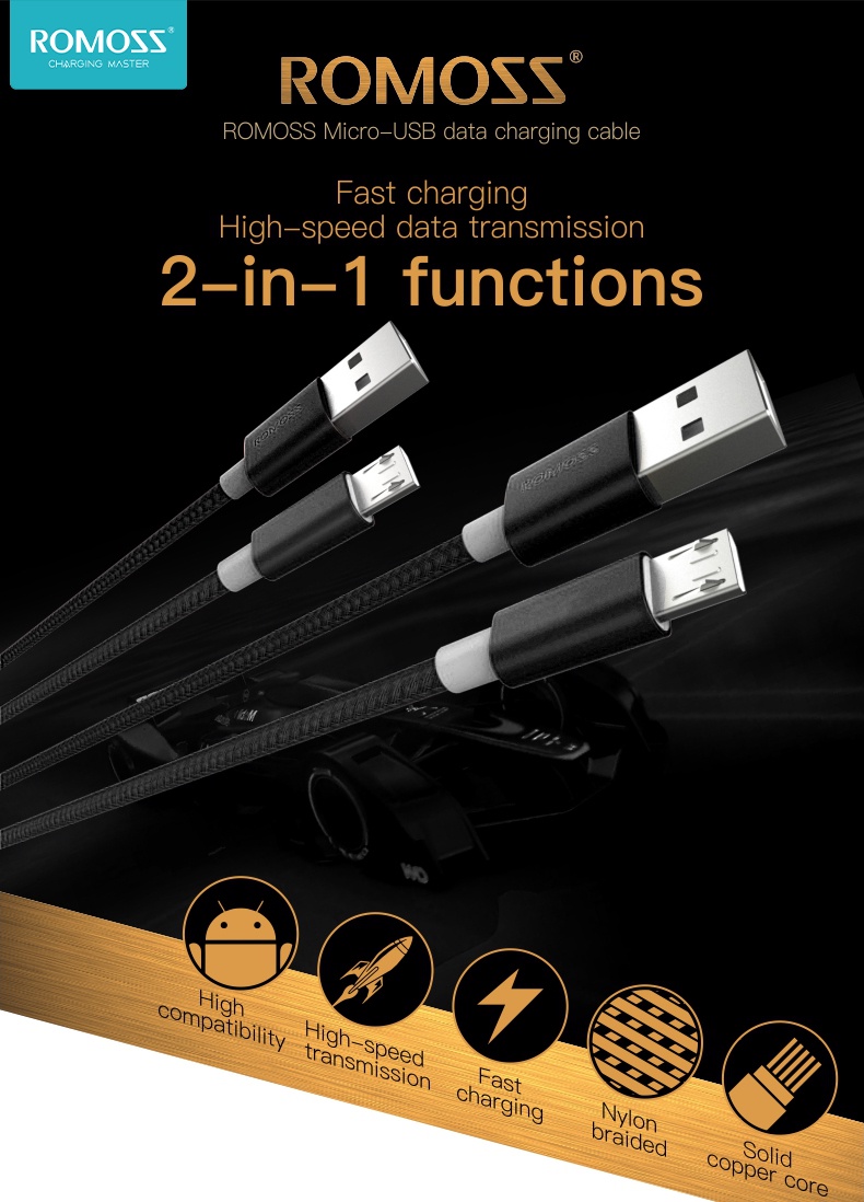 Romoss CB05 Nylon USB TO Micro Cable 2.1A/3A 1M Durable Nylon Braided ...