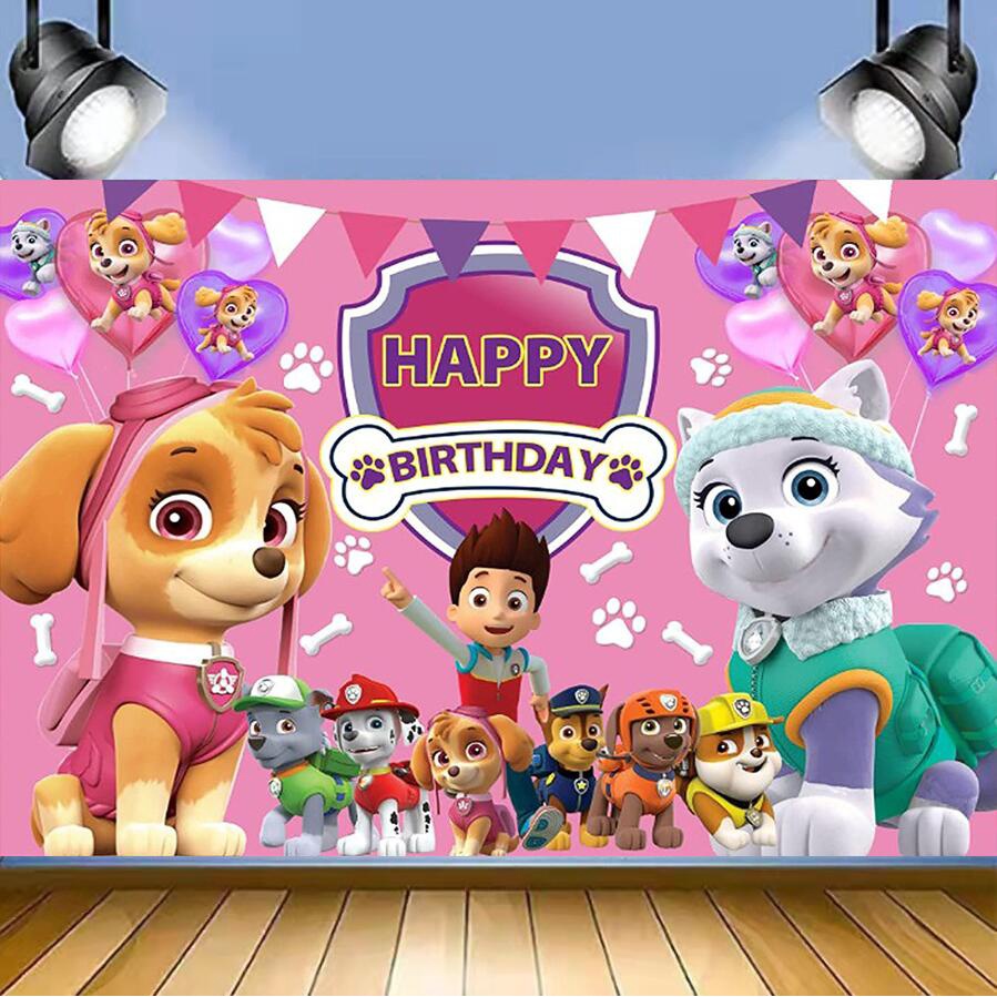 Pink Paw Patrol Backdrop Cartoon Dogs Photography Background Baby ...