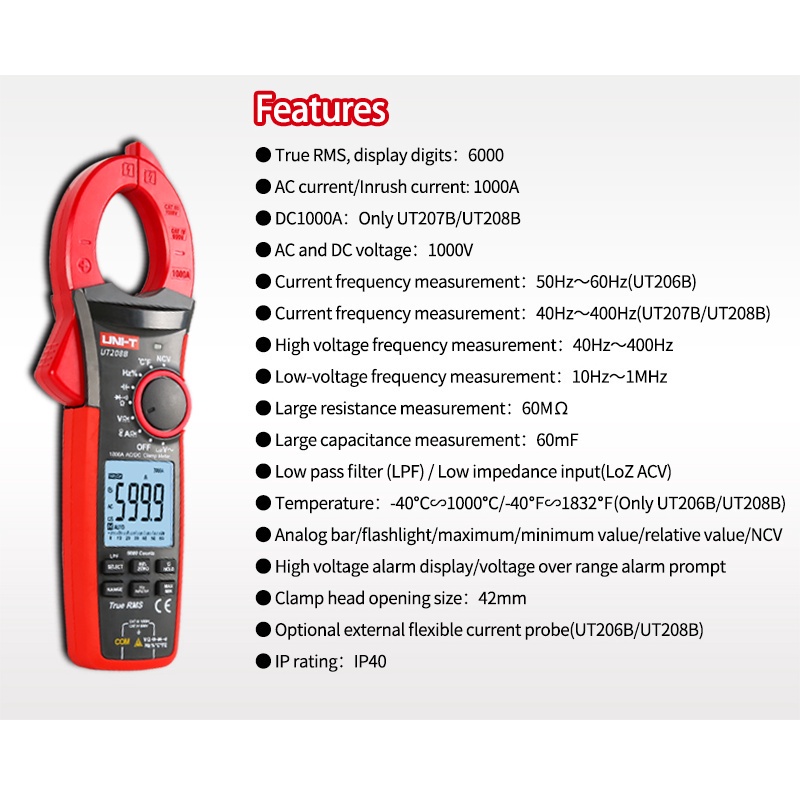 Uni-t UT206B / UT207B / UT208B 1000A True RMS digital clamp meter ...