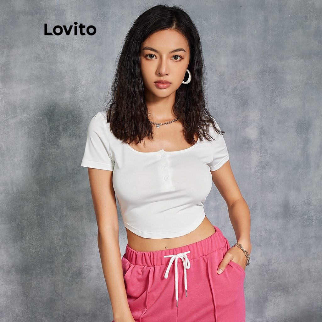 Lovito Casual Plain Basic Square Neck Button T-Shirts L20D1146 (White) | Shopee Philippines
