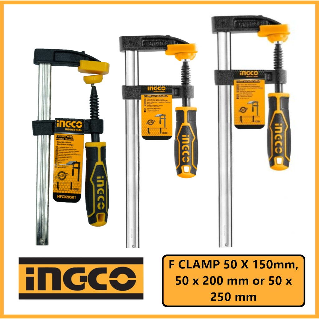 F Clamp Ingco 50 x 150 mm, 50 x 200 mm or 50 x 250 mm w/Handle Heavy ...
