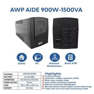 AWP Aide Pro LCD 900W-1500VA UPS with AVR Uninterruptible Power Supply ...