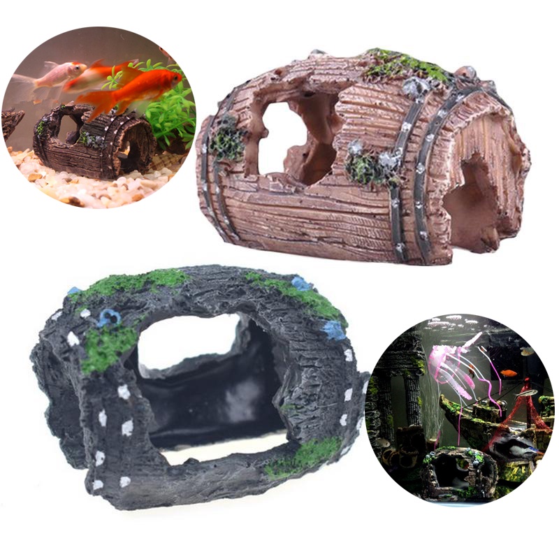 Aquarium Broken Barrel Decorations Betta Fish House Cave Resin Broken ...