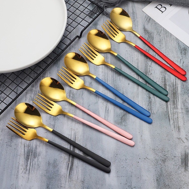 2in1 Spoon and Fork Gold Metal Cutlery Set Stainless Steel | Shopee ...
