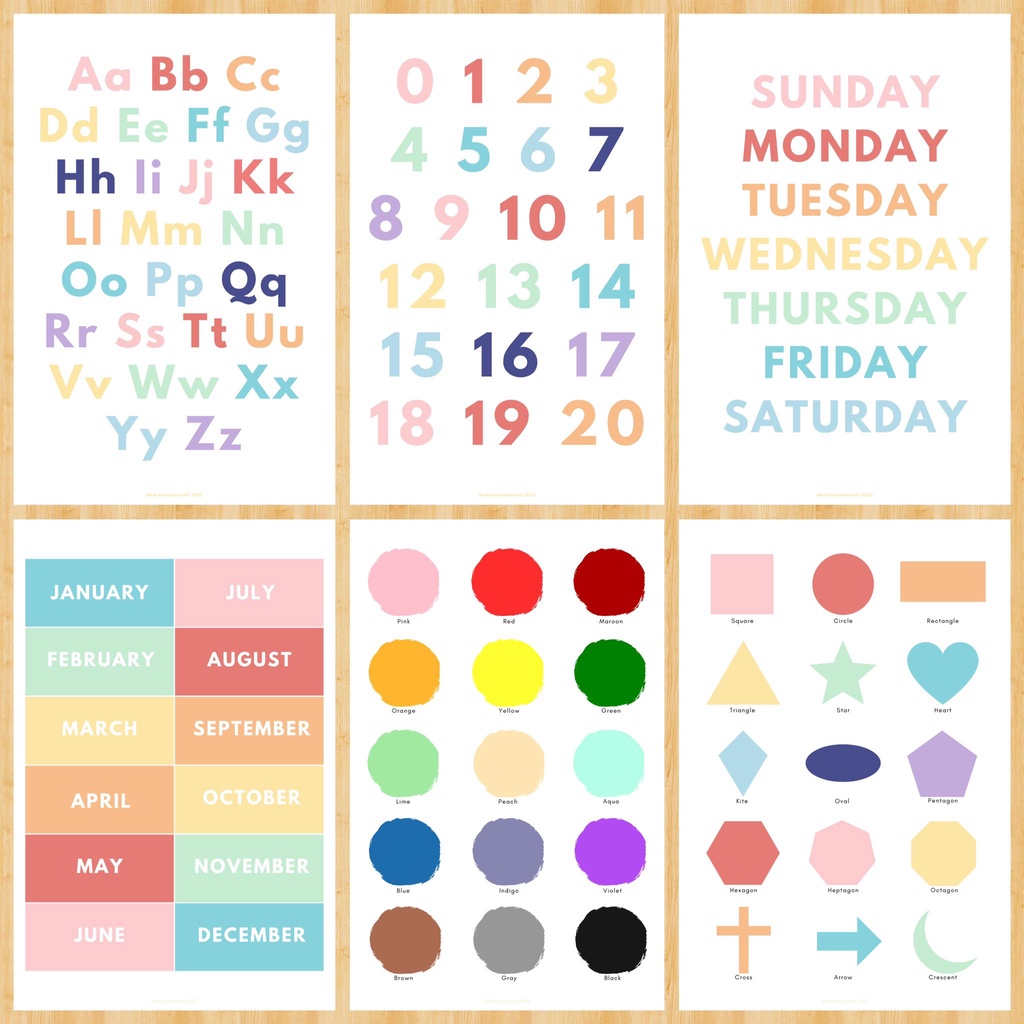 Children Educational Aesthetic A4 Chart | Alphabet Numbers Days Colors ...