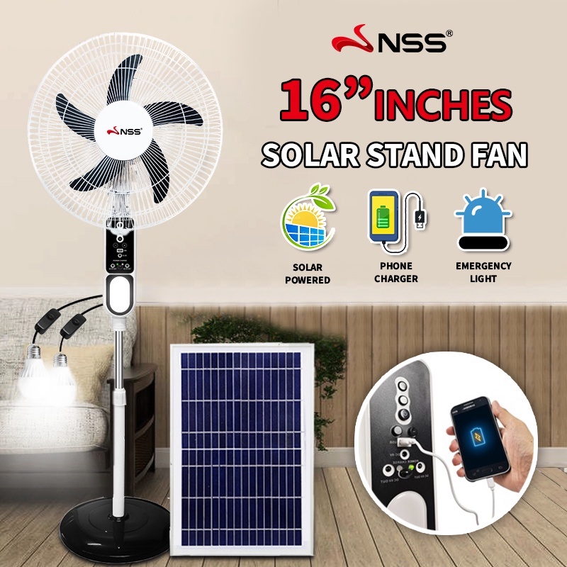 NSS Solar Electric Fan 16" Stand AC/DC Fan with USB Jack and Night ...