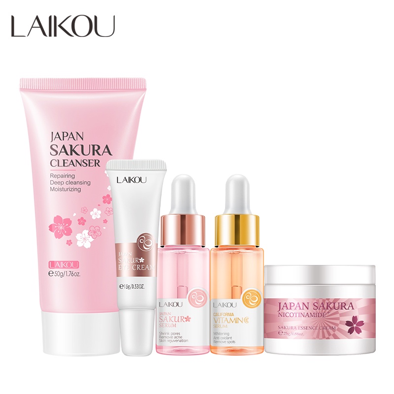 LAIKOU 5pcs Skincare Set Vitamin C Sakura Serum Cream Cleanser ...