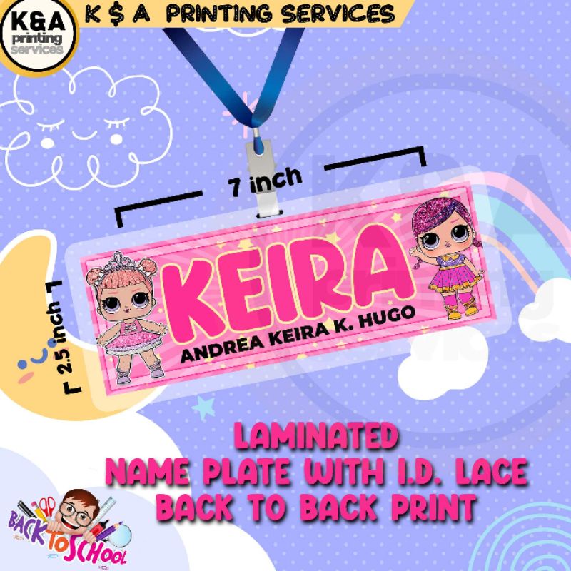 Customized Laminated Name Tag for School (BACK TO BACK PRINT WITH LACE ...