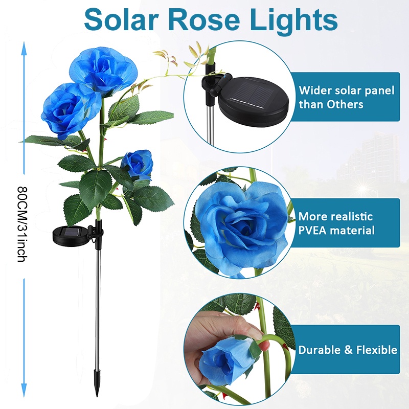 Waterproof Solar Outdoor Garden Lights with 3 Bigger Rose Flowers ...