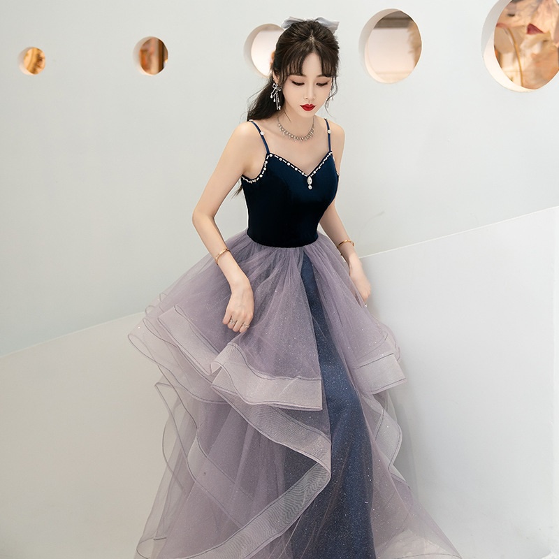 Elegant Blue Starry Sky Evening Dress French Fairy Temperament ...