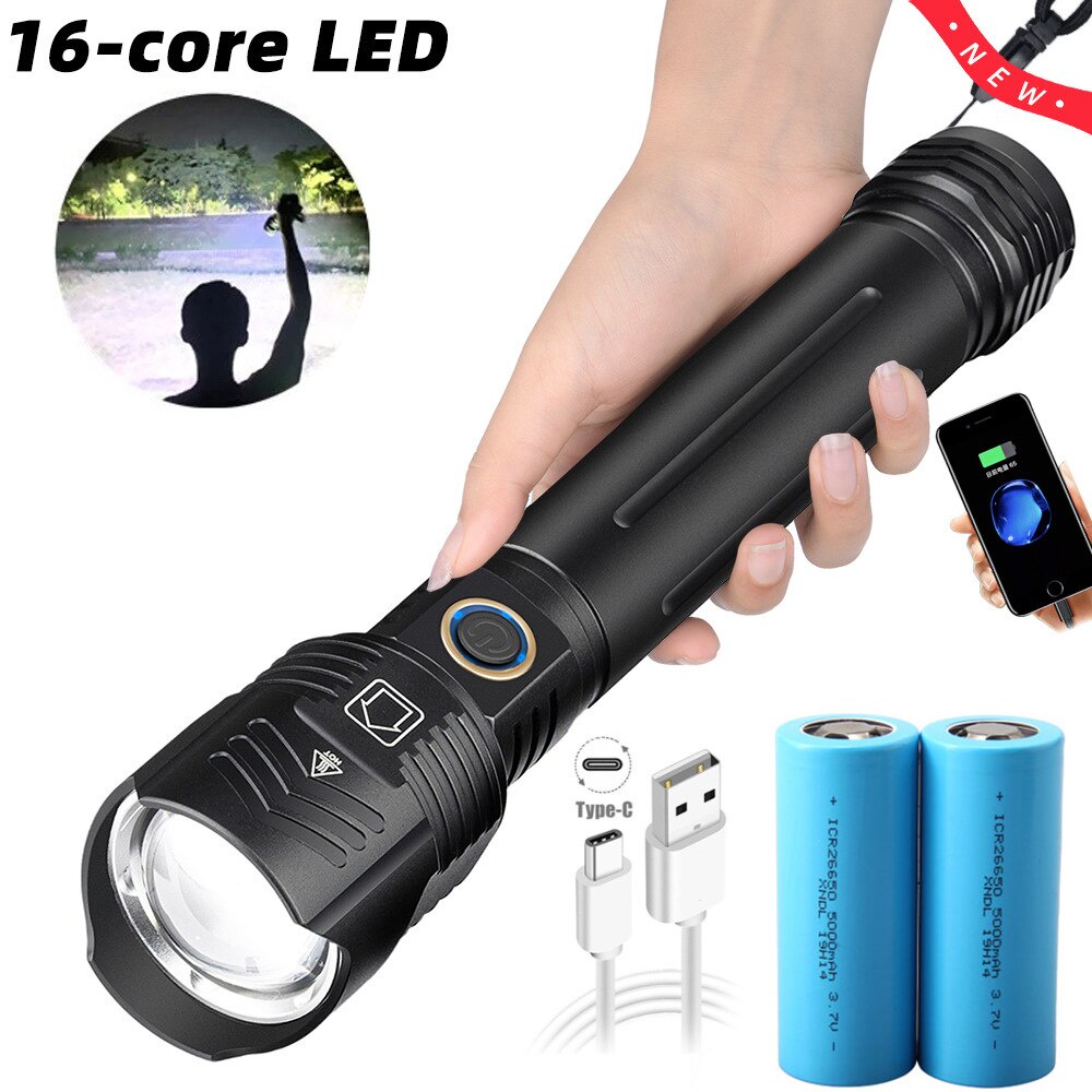 XHP160 16-core Powerful LED Flashlight USB TYPE-C Rechargeable Zoom ...