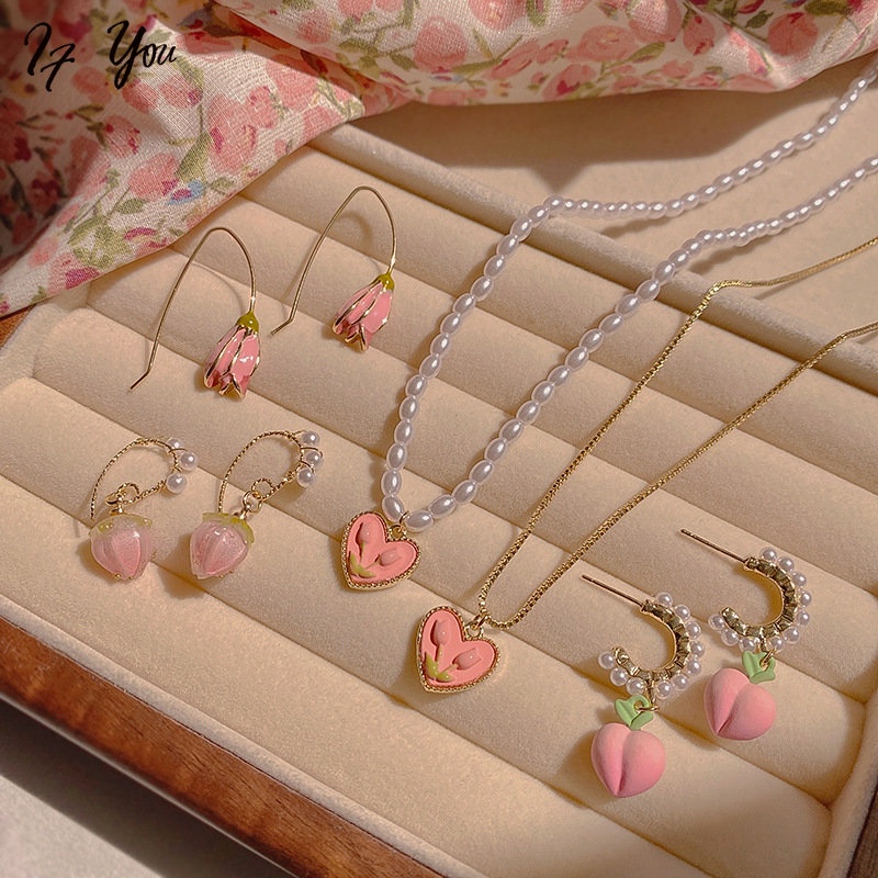 AY (CN) Korean Pink Tulip Pearl Pendant Necklace Earring Peach Pig ...
