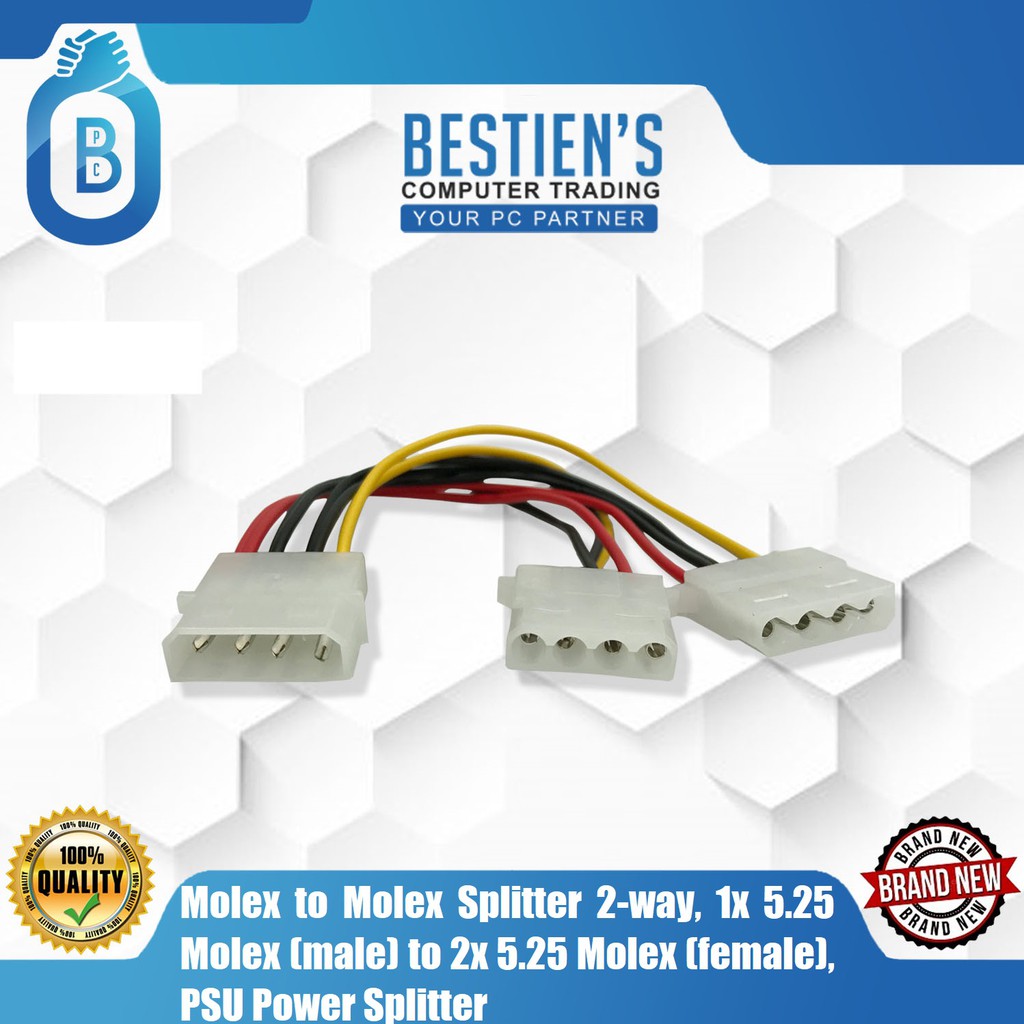 Molex to Molex Splitter 2-way, 1x 5.25 Molex (male) to 2x 5.25 Molex ...