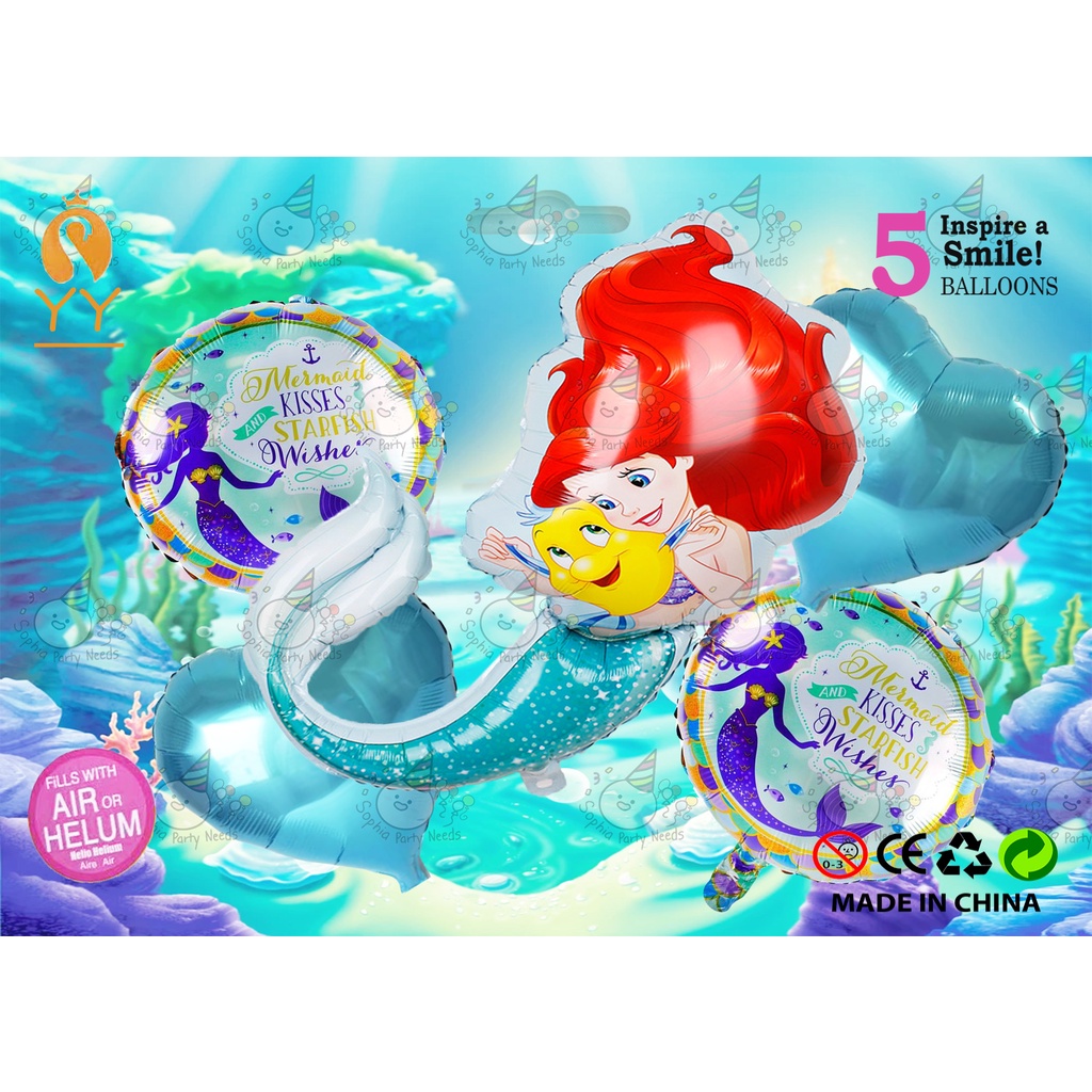 5 in 1 Little Mermaid Ariel Foil Balloon Set for Happy Birthday Under ...