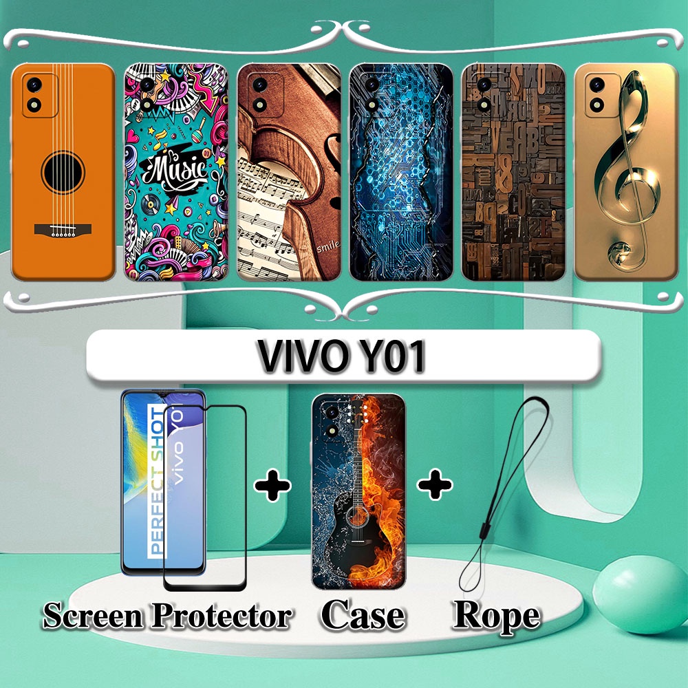 2 IN 1 VIVO Y01 Case with Tempered Glass Curved Ceramic Screen Protector Music | Shopee Philippines