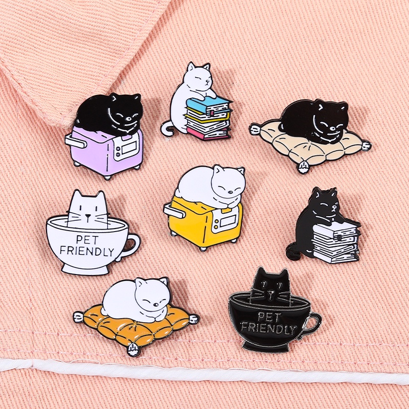 Naughty Cats Enamel Pins Black Kitten Brooches Books Mug Lapel Badges